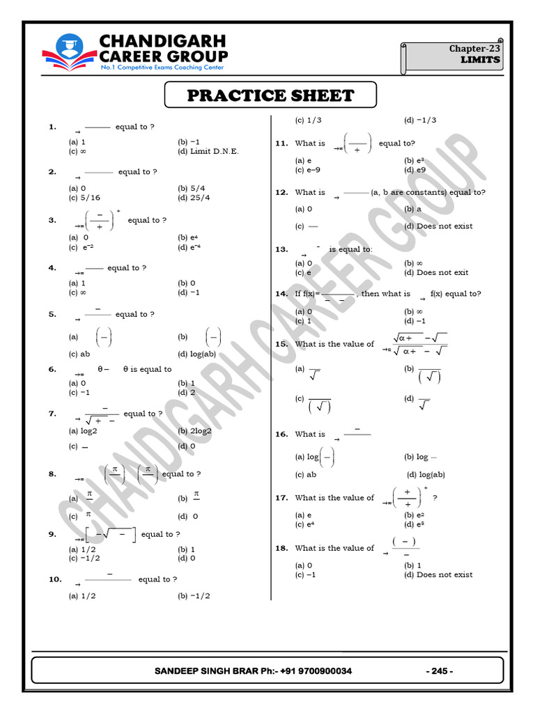 Limits Practice Sheet and Solutions | PDF