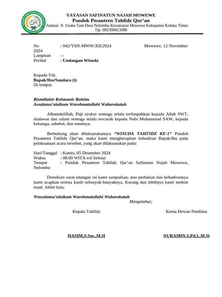 Undangan Wisuda Tahfidz Ke-1, Pondok Pesantren Tahfidz Qur'an | PDF
