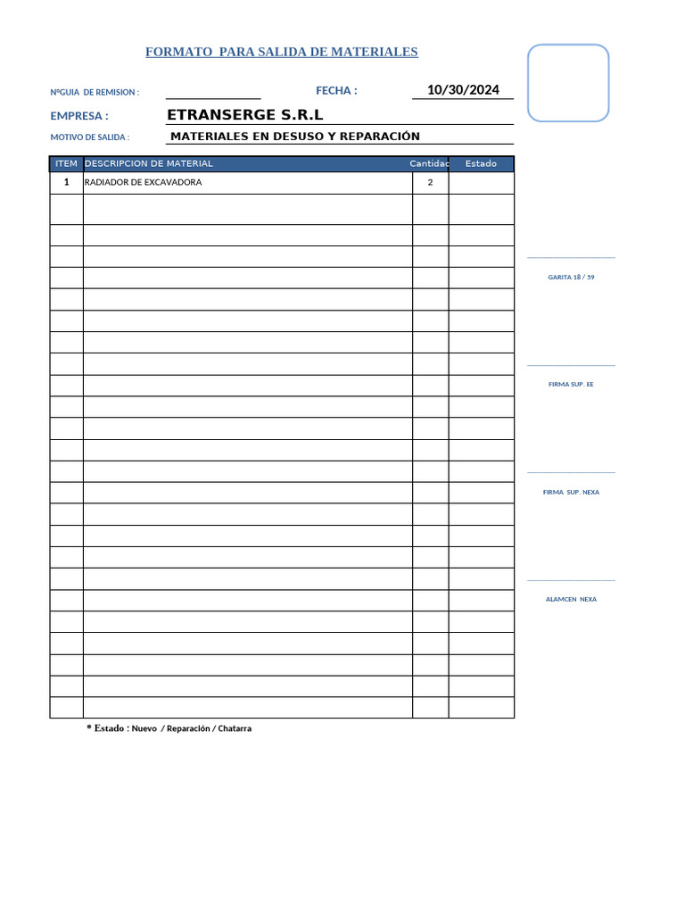 Formato de Salida Mina 25 | PDF