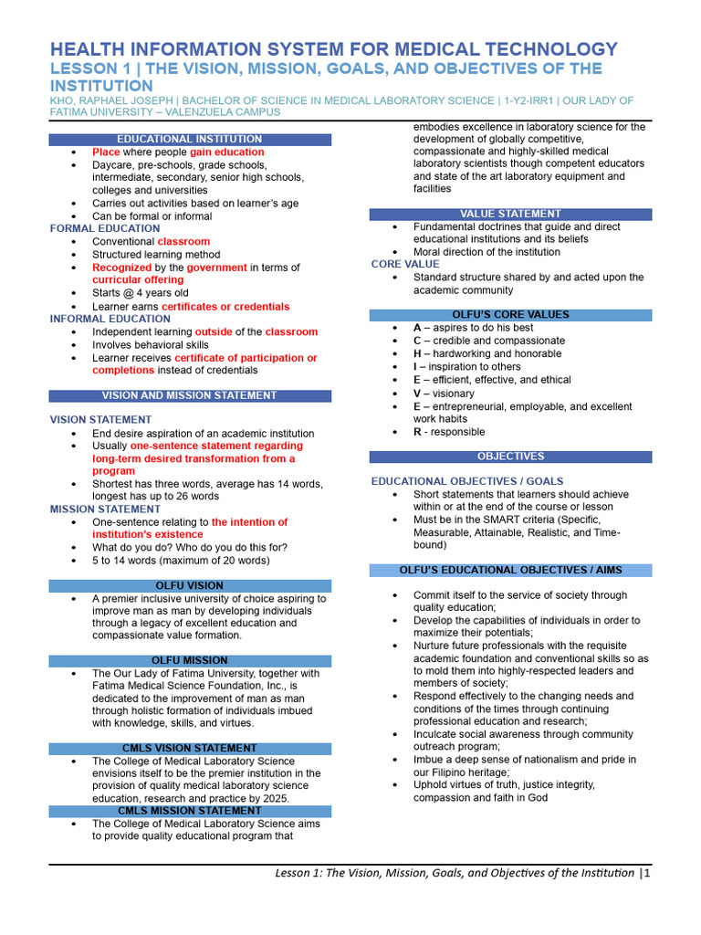 OLFU Vision, Mission, Goals & Values | PDF | Learning | Science