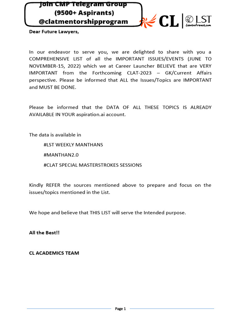 CL Imp Topics For CLAT 2023 | PDF | International Relations