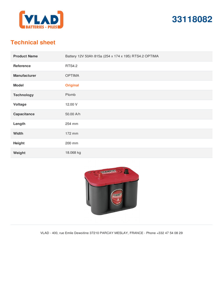 Technical Sheet: Battery 12V 50ah 815a (254 X 174 X 195) RTS4.2 OPTIMA ...