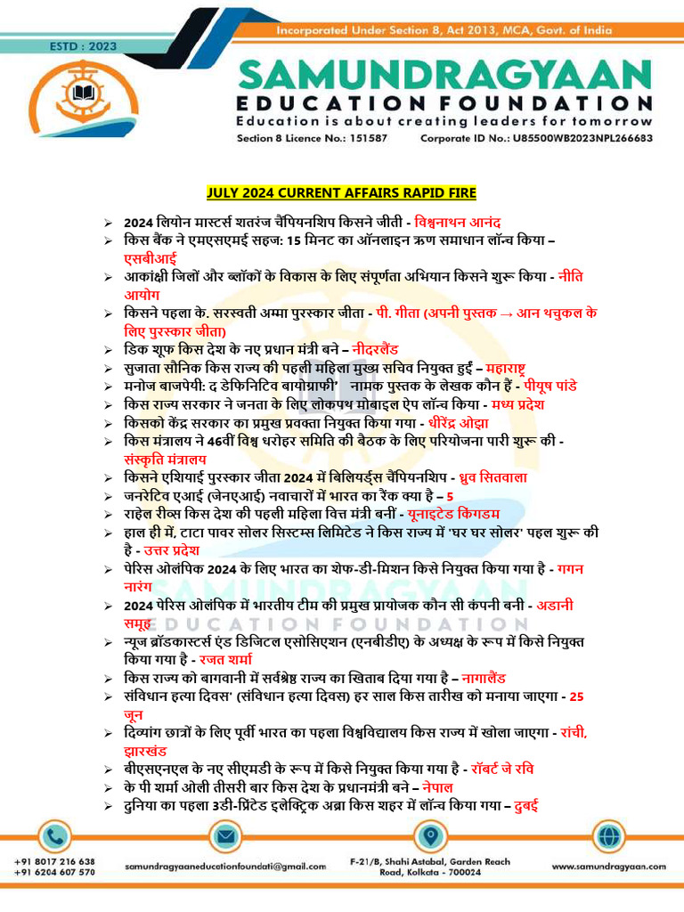 Current Rapid Fire July 2024 (H) | PDF