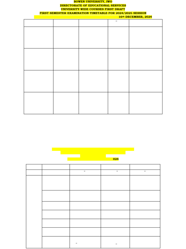 2024_2025 Bowen University First Semester Examination Timetable for 2024_2025 | PDF
