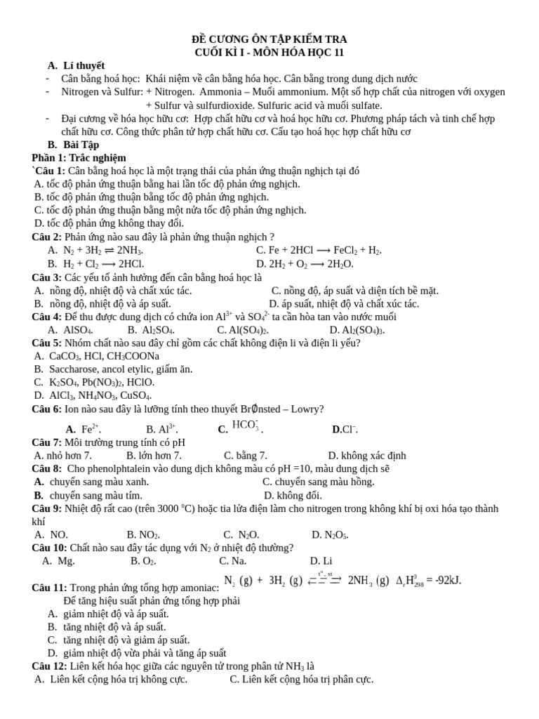 HÓA-11-CK1-ĐỀ-CƯƠNG | PDF