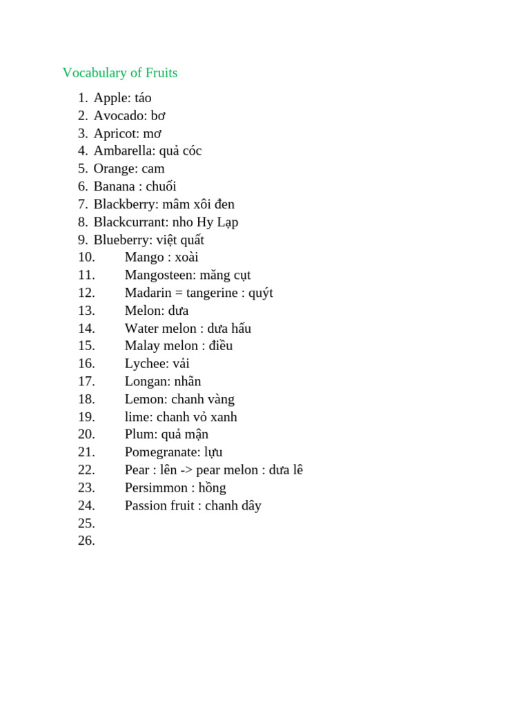 Vocabulary of Fruits | PDF