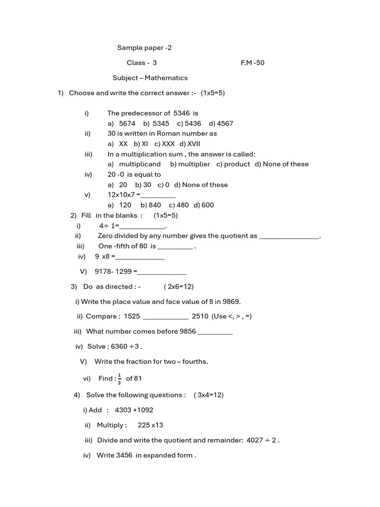 Sample Paper 2 For Class3 Mathematics-1 | PDF