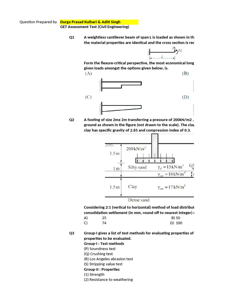 Civil Engineering GET Assessment Questions | PDF | Concrete | Strength ...