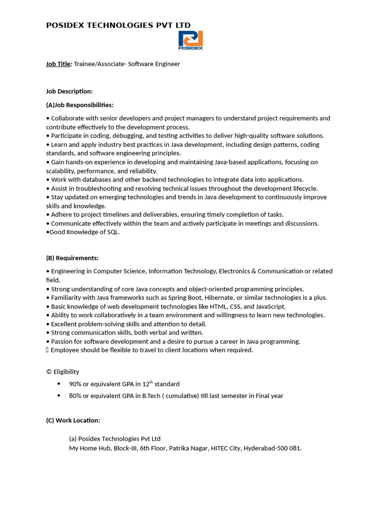 Trainee - ASE Job Description Sreenidhi College | PDF | Computer ...