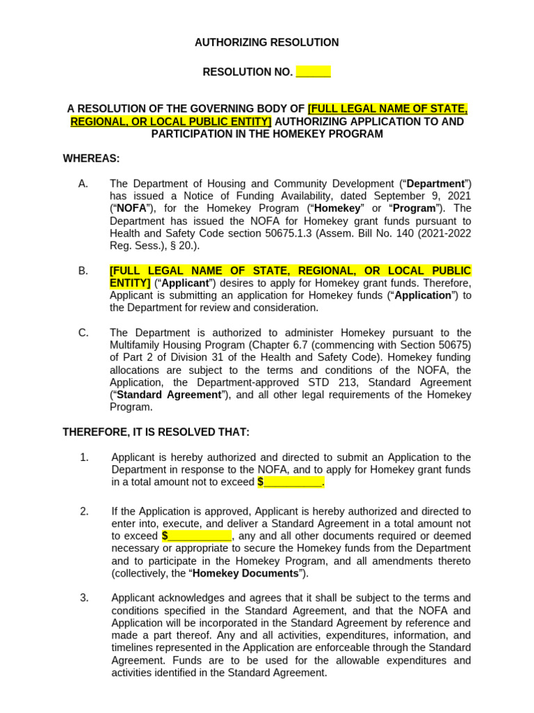 Resolution Template State Regional or Local Public Entity As Sole ...