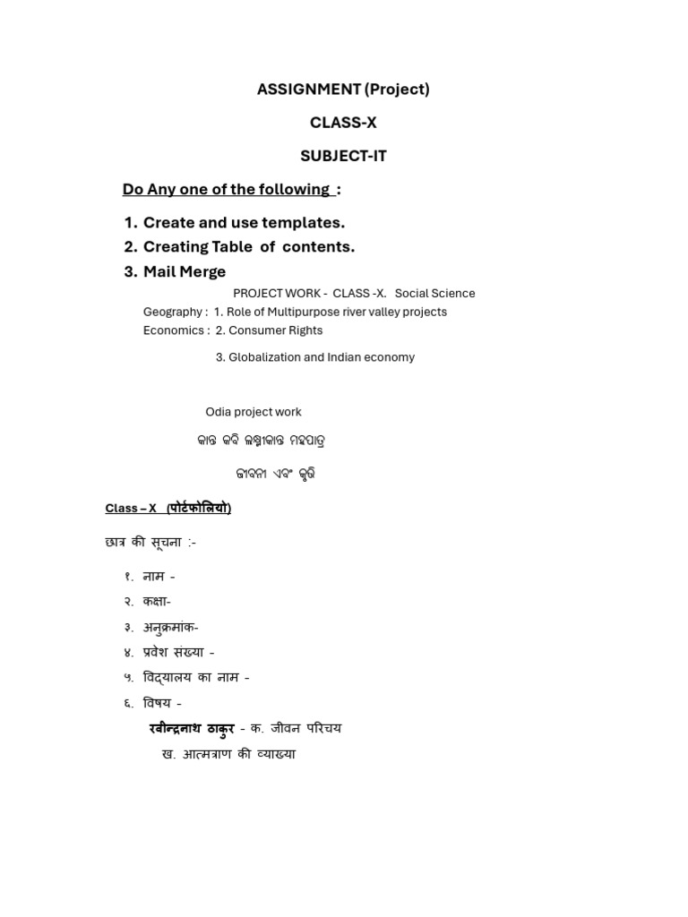 Grade 10 Project Work (Odia, Hindi, It and SST) 2024-25 | PDF