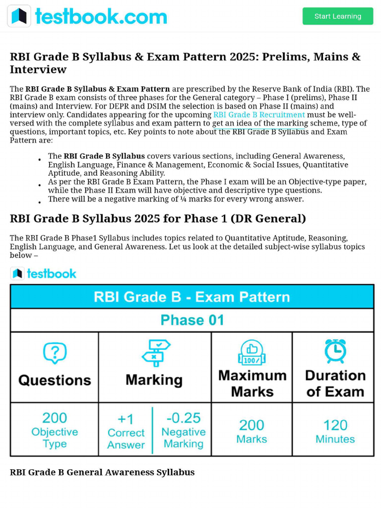 RBI Grade B Syllabus & Exam Pattern 2025 - Prelims, Mains & Interview | PDF