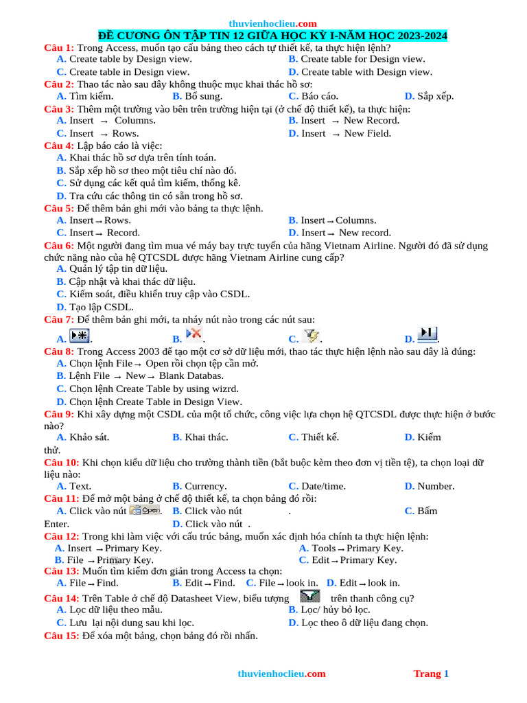 De Cuong On Tap Giua HK1 Tin 12 | PDF