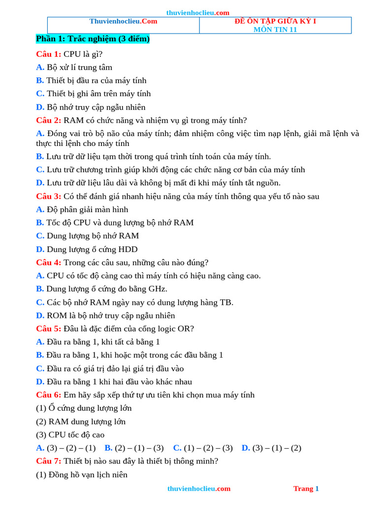 De On Tap Giua HK1 Tin Hoc 11 | PDF