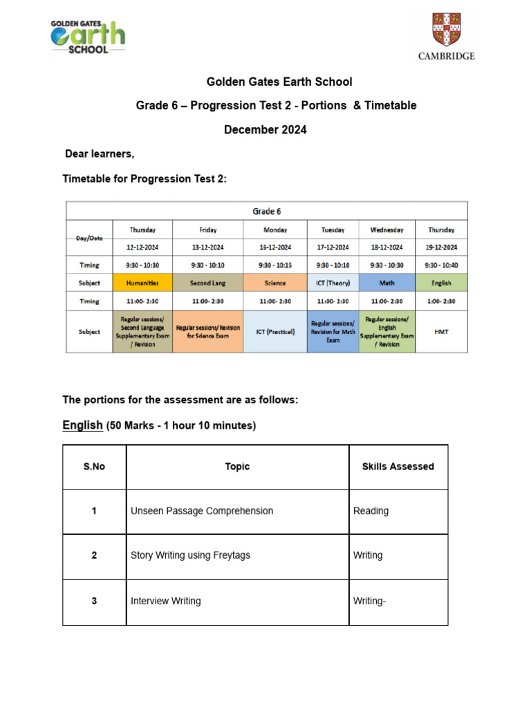 Gr6 - Portions and Timetable - Progression 2 | PDF