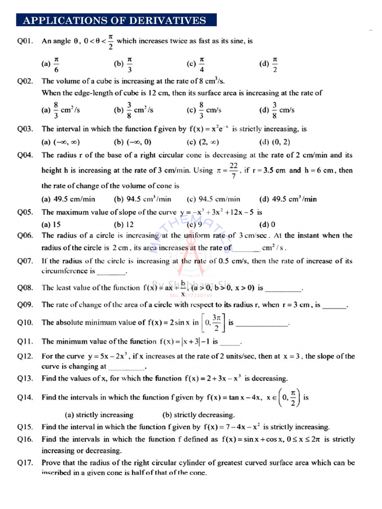 Applications of Derivatives 2024-25 | PDF