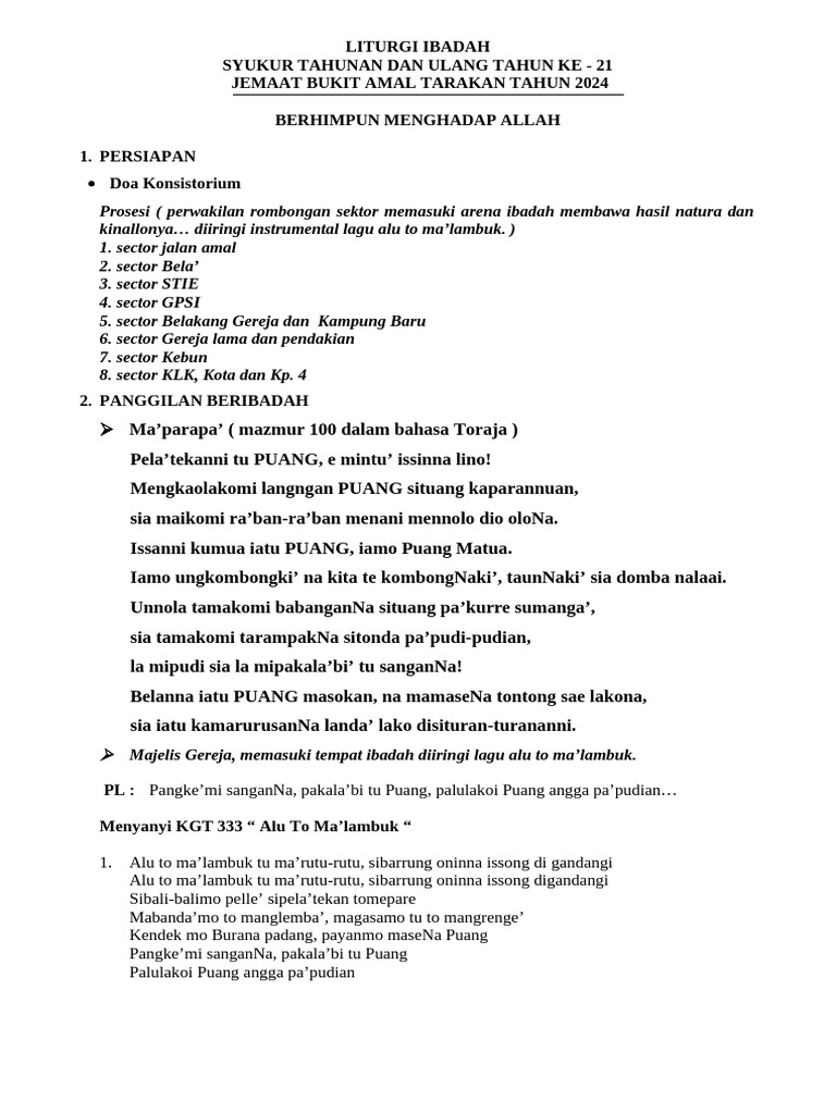 Liturgi Syukur Ulang Tahun Jema'at 21 | PDF