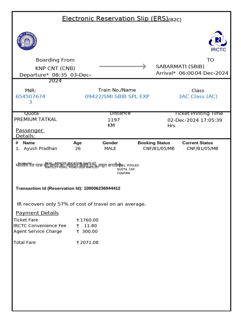 Electronic Reservation Slip for Train Travel | PDF