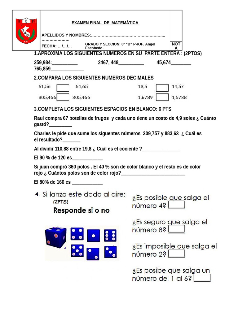 Examen Final de Matemàtica Miercoles | PDF