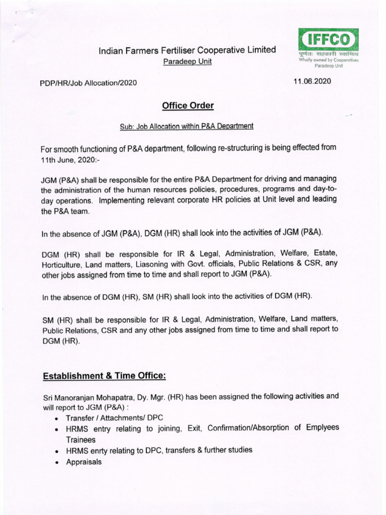 Office Order - Job Allocation P&A | PDF