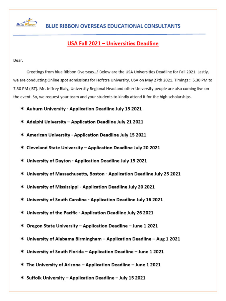 USA Fall Intake 2021 Deadline | PDF