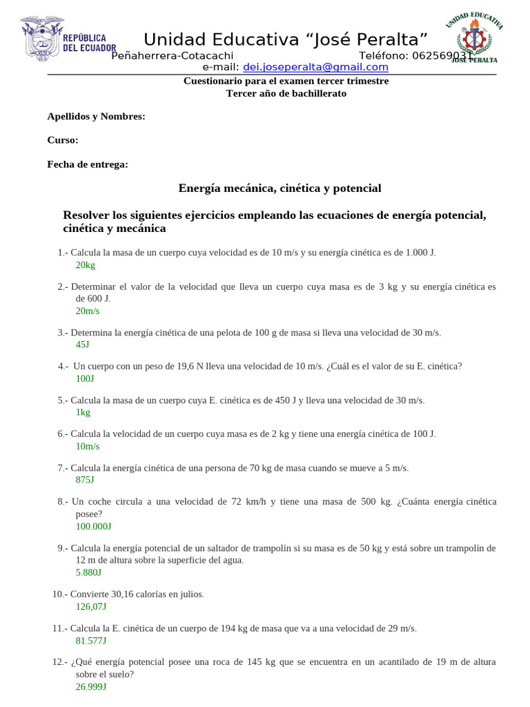 Taller Energia Potencial, Cinetica y Mecanica | PDF | Energía cinética ...