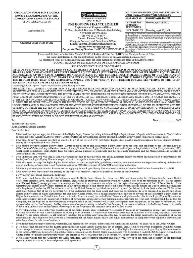 PNB Housing Finance Limited - Rights Issue - Application - Form | PDF ...