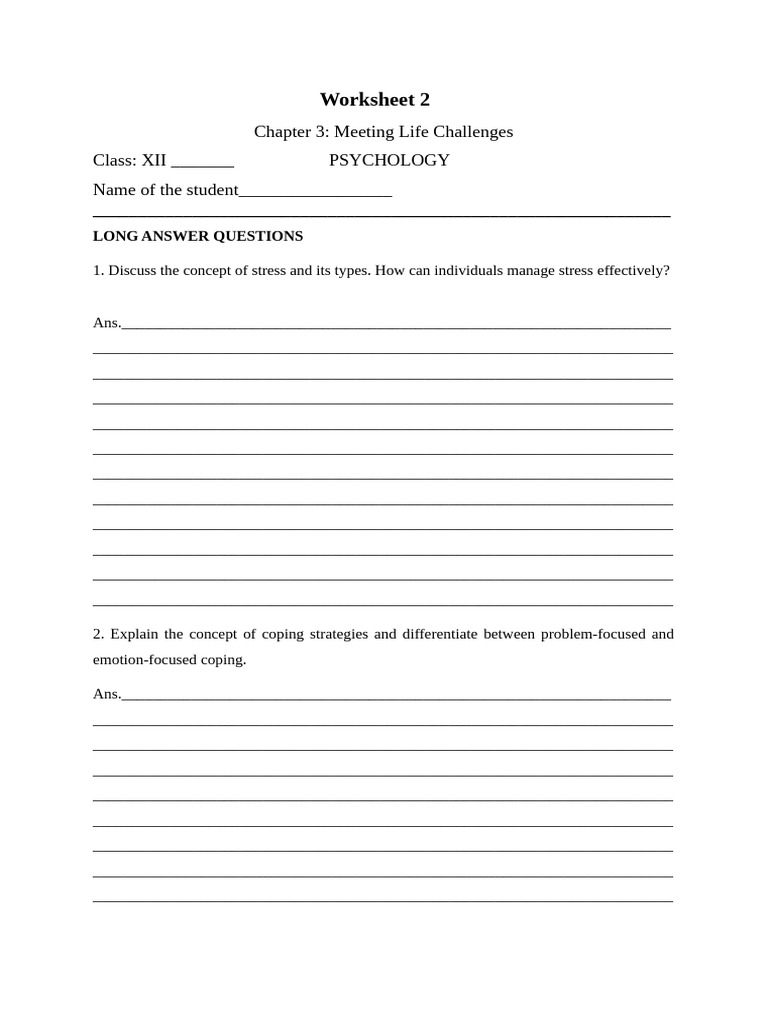 PSY XII Chap.3 Worksheet 2 | PDF | Stress (Biology) | Psychology