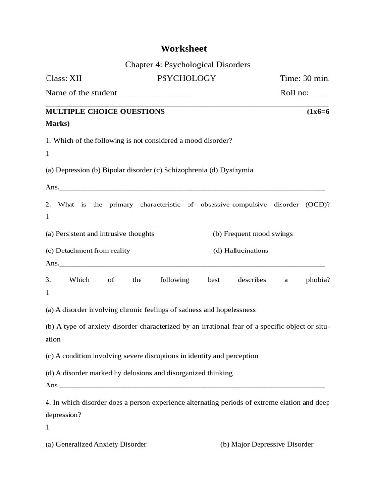Psychological Disorders Worksheet | PDF | Mental Disorder | Schizophrenia