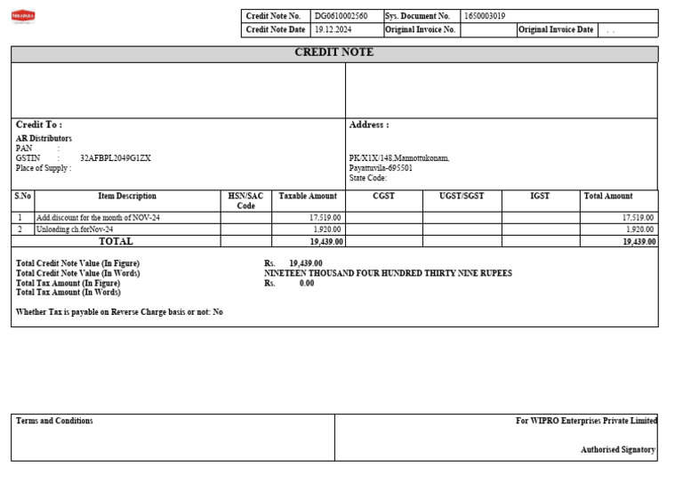 Credit Note for AR Distributors - Dec 2024 | PDF