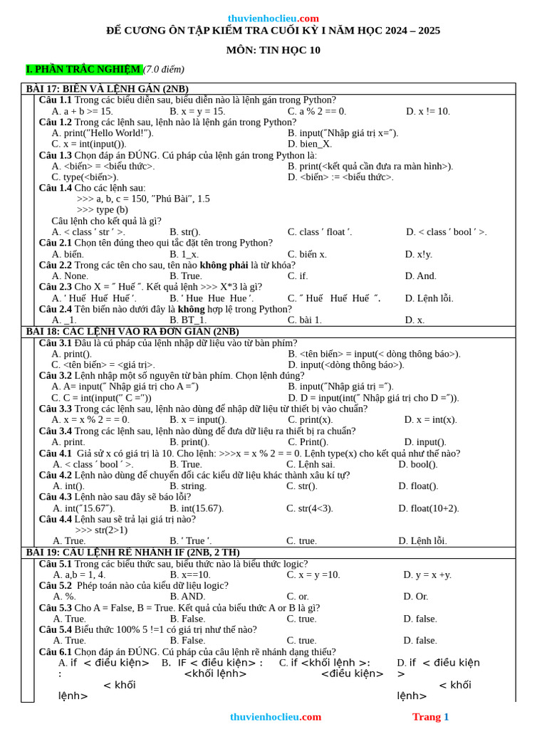 De Cuong On Tap HK1 Tin 10 KNTT 24 25 | PDF