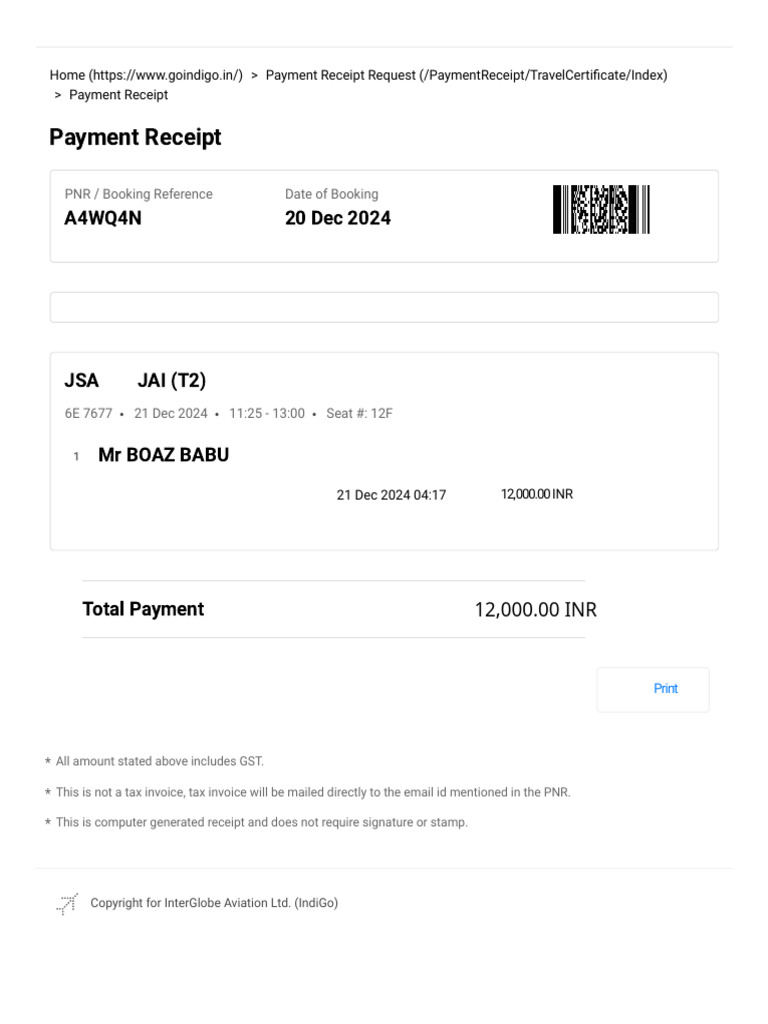 IndiGo Payment Receipt Details | PDF