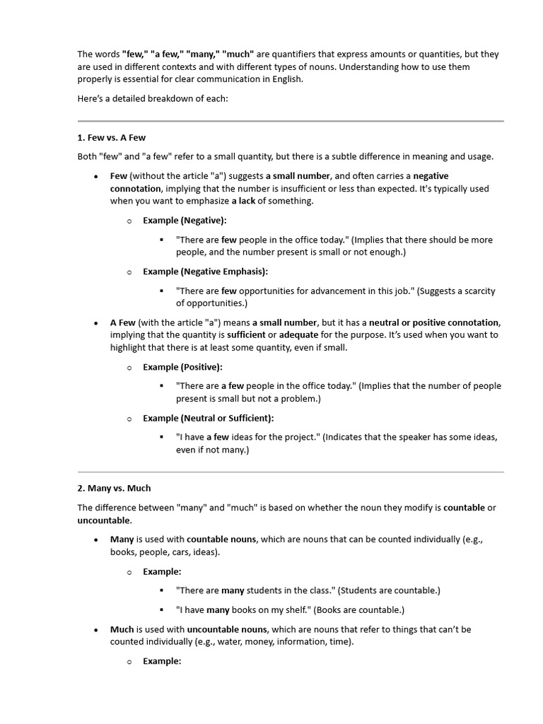 Quantifiers: Few, A Few, Many, Much | PDF | Noun | Quantity