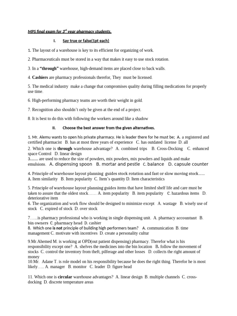 MPS Final Exam For 3rd Year Pharmacy Students | PDF | Pharmacy | Health ...