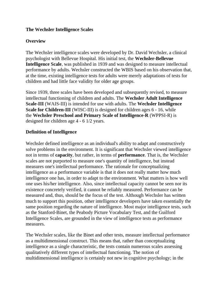 The Wechsler Intelligence Scales | PDF | Wechsler Adult Intelligence ...