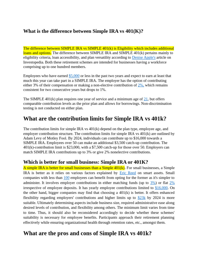 What is the difference between Simple IRA vs 401 | PDF | 401(K ...