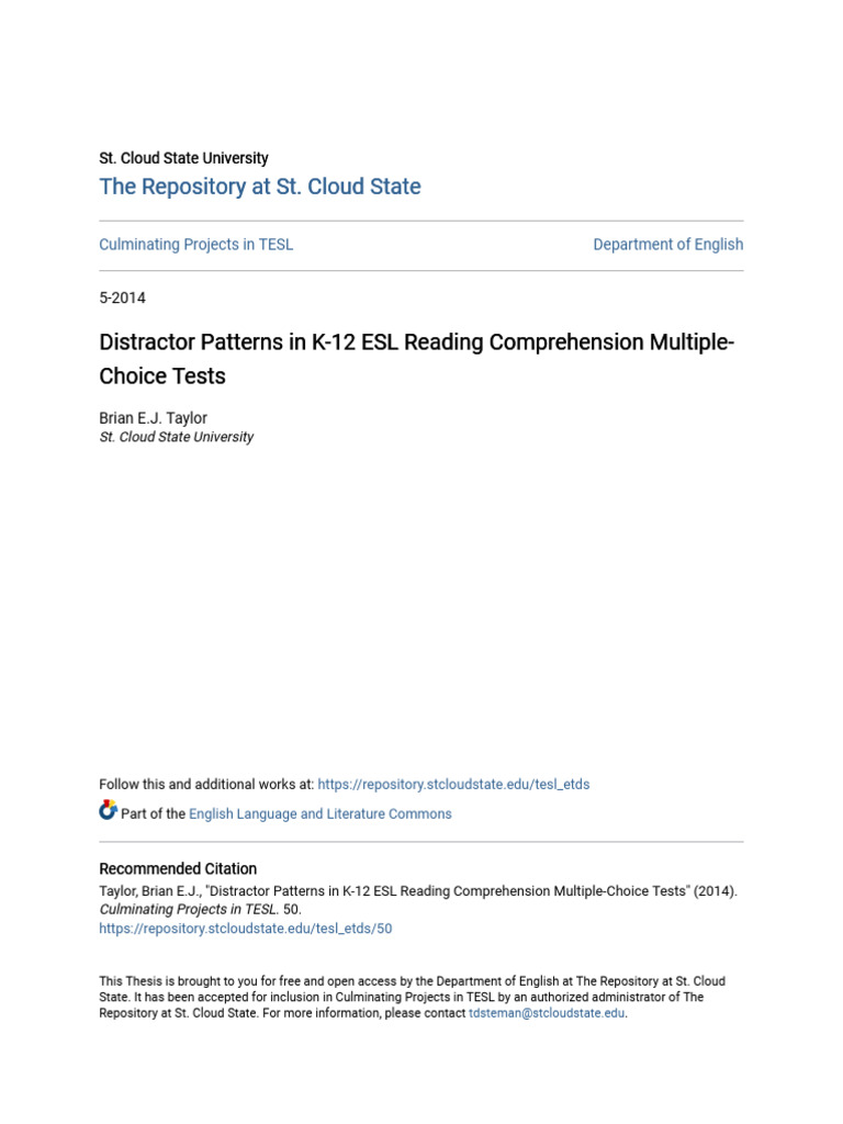 Distractor Patterns in K-12 ESL Reading Comprehension Multiple-Ch | PDF ... Distractor Patterns in K-12 ESL Reading Comprehension Multiple-Ch | PDF ...