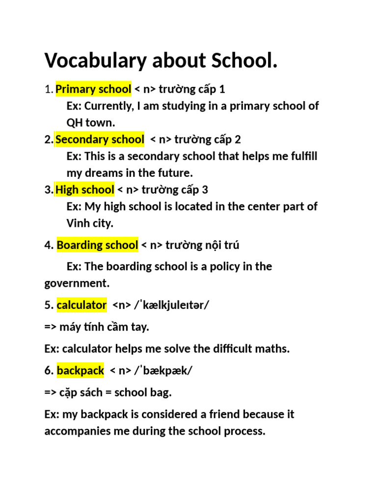 Vocabulary about School for day 4 | PDF