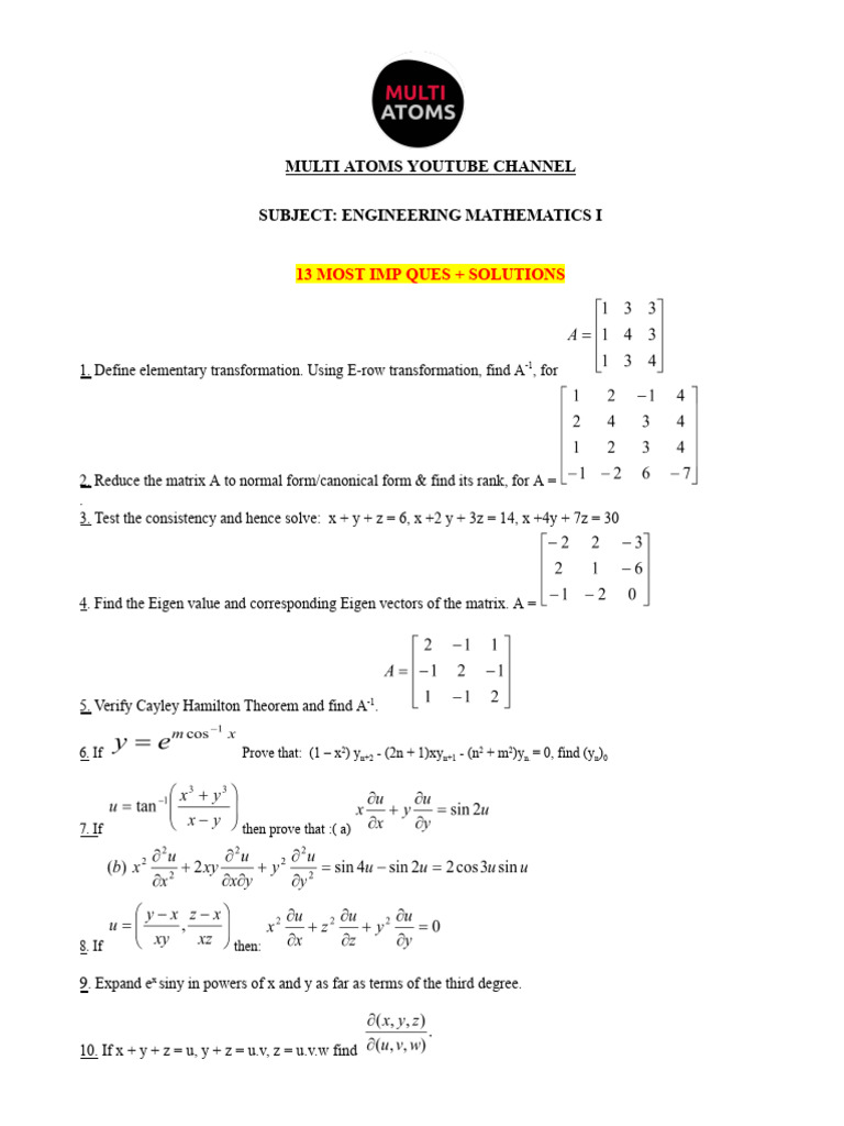 13 Most Imp Ques + Sol Maths-1 (MULTI ATOMS) | PDF | Matrix (Mathematics) | Eigenvalues And ...