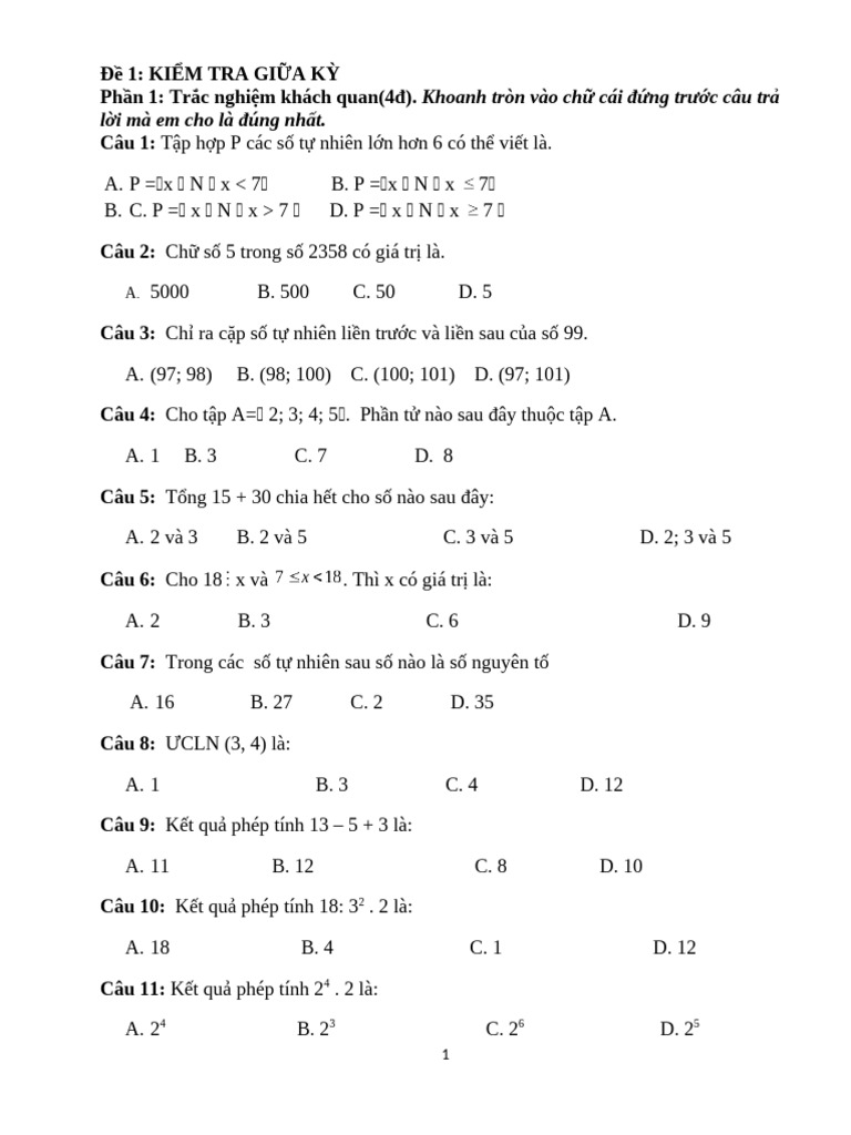 De Thi Toán 6 - Gi A HK1 | PDF