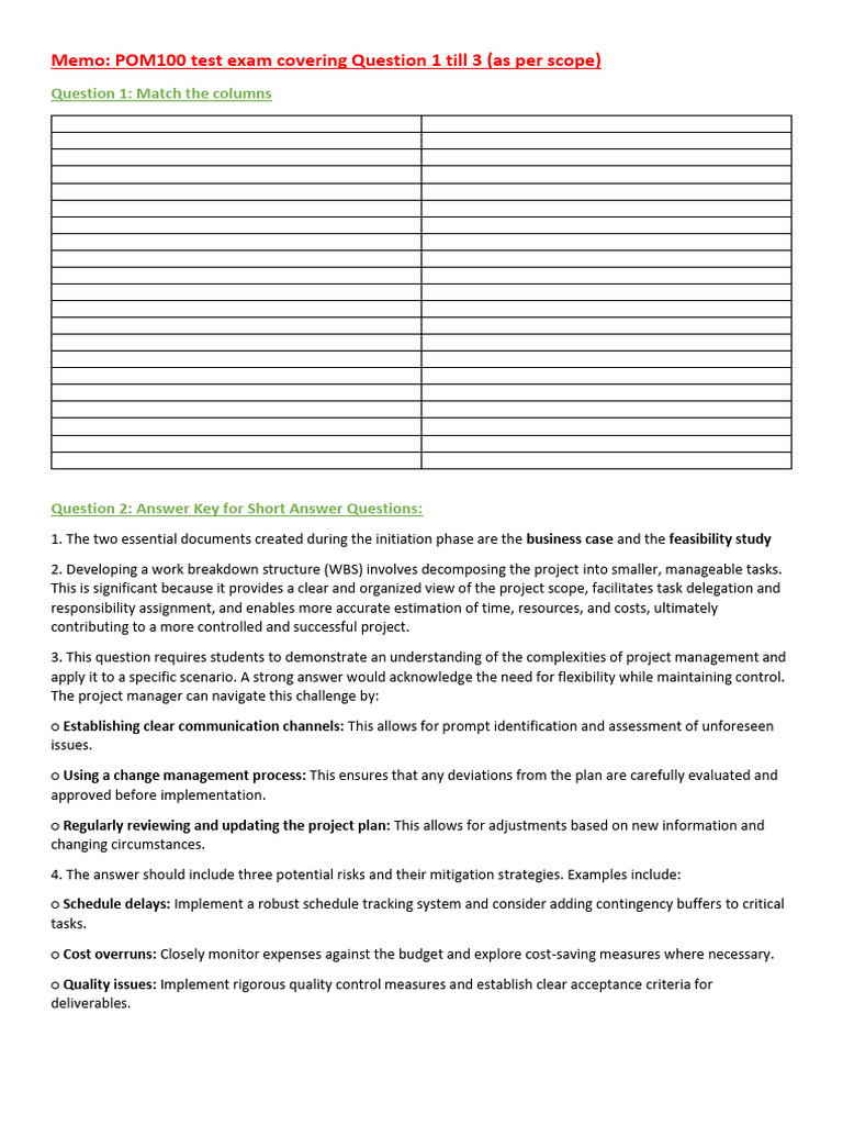 Answers For POM100 Test Exam Question 1 Till 3 | PDF | Project ...