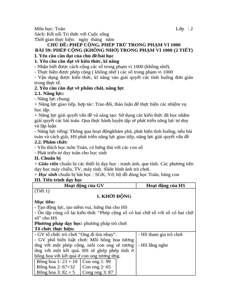 NHÓM 1. KHBD BÀI 59 TOÁN 2 TẬP 2 KNTT | PDF