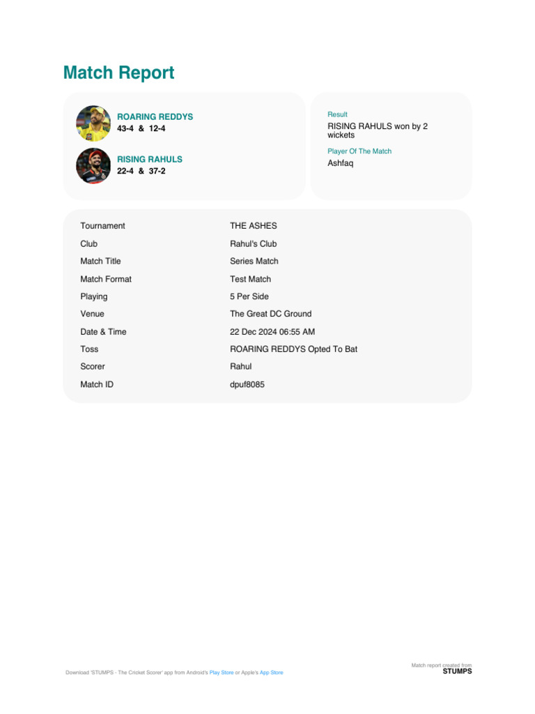 Stumps_Match_Report | PDF | Cricket | Bowling (Cricket)