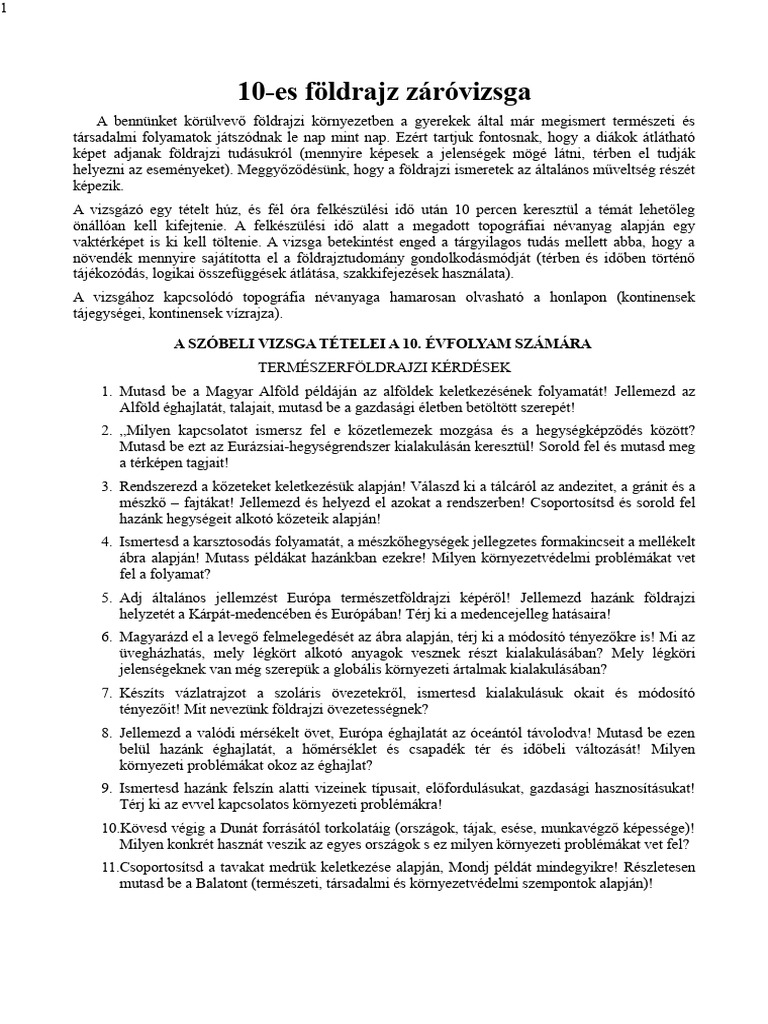 Foldrajz Szobeli Tetelek Nyomtathato | PDF