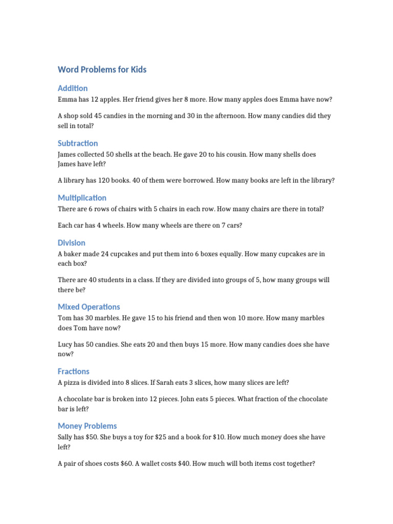 Word Problems For Kids | PDF
