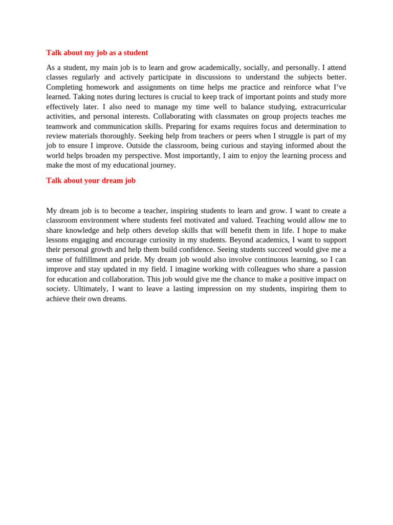 My Job as a Student and Future Teacher | PDF