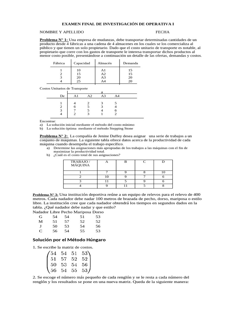 EXAMEN FINAL INV.OPERATIVA I MONTERO | PDF | Nadando | Matriz (Matemáticas)