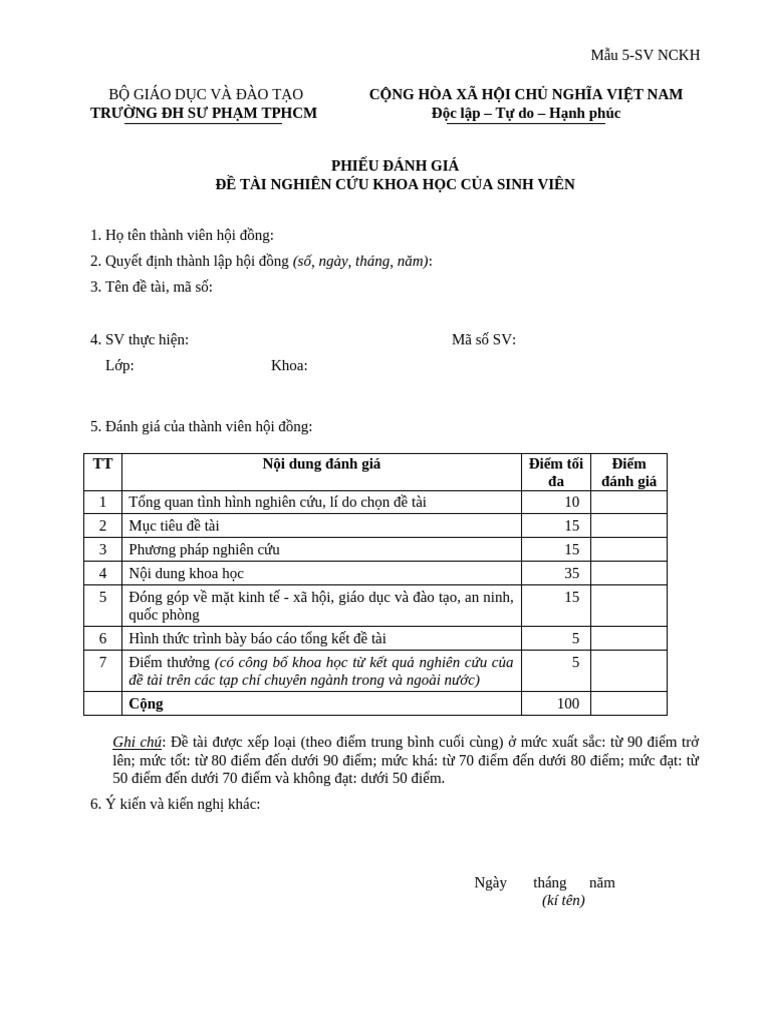 Mau 5 - NCKH SV - Phieu Danh Gia | PDF