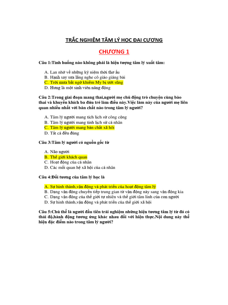 Tong Hop Cac Cau Hoi Trac Nghiem Tam Ly Hoc Dai Cuong Co Dap An Truong 130641 | PDF