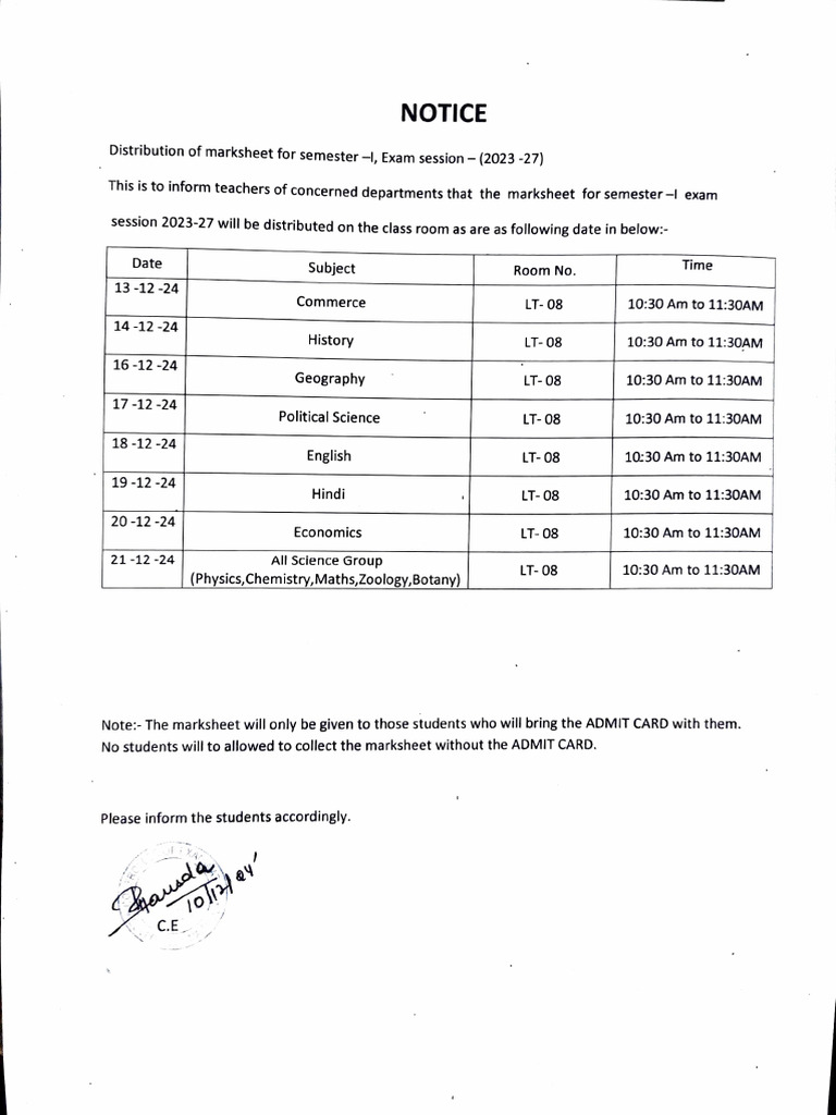 Semester 1 (2023-27), Distribution of Marksheet | PDF